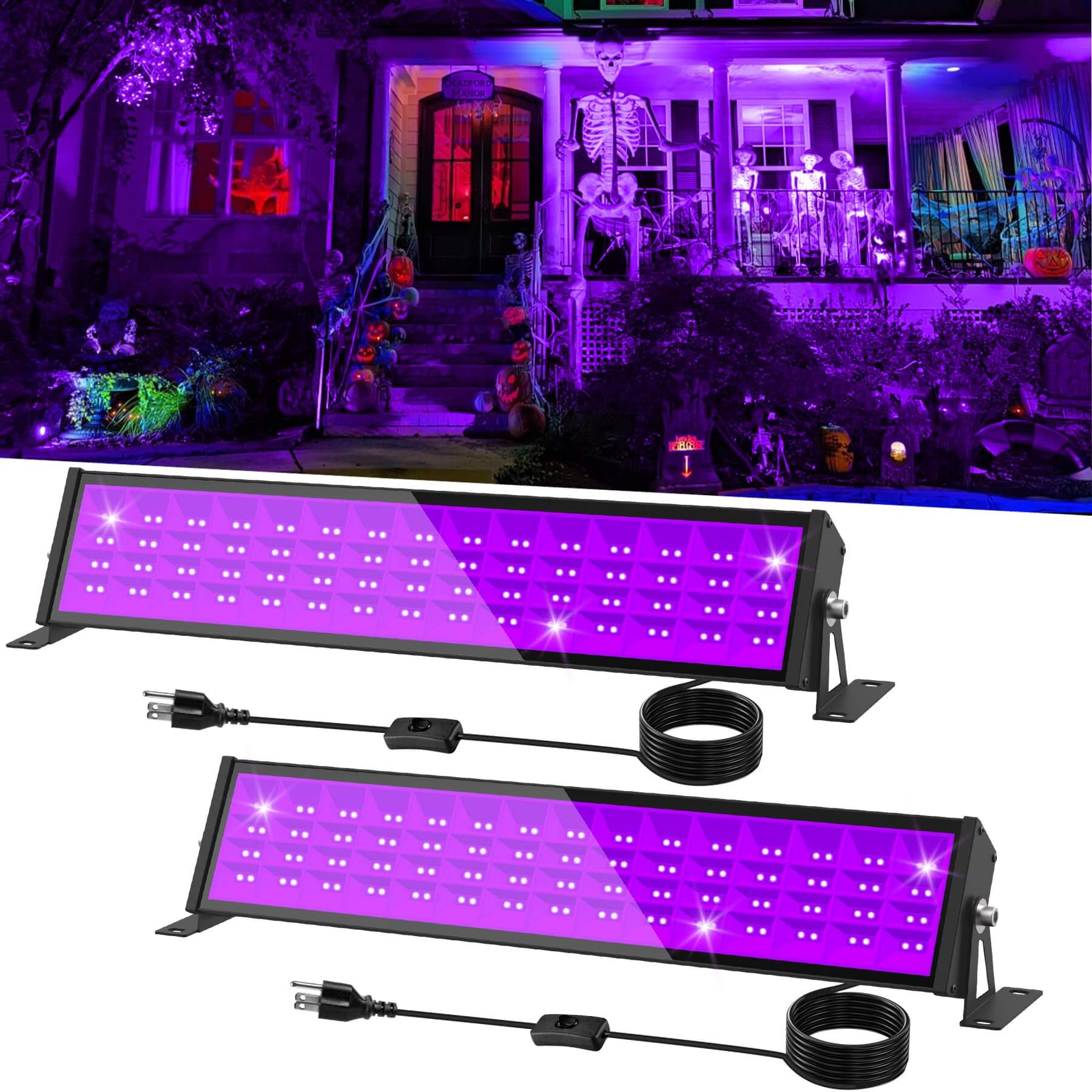 72W LED Black Light Bar 22x22ft Area Strip Lights with Plug and Switch ...